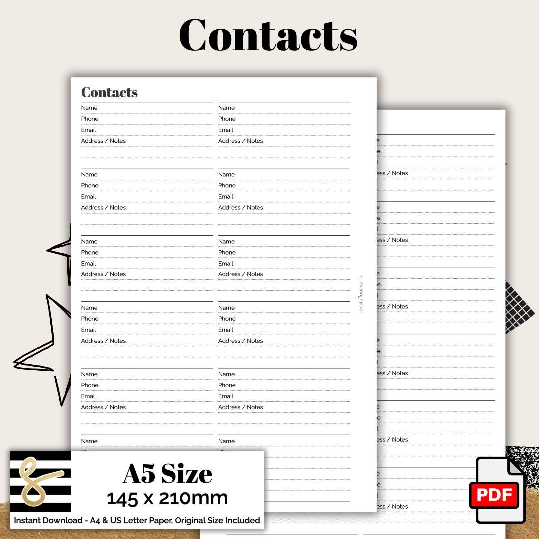 A5 Contacts Printable PDF - Instant Download - Disc or Rings - Productivity Insert - Etsy