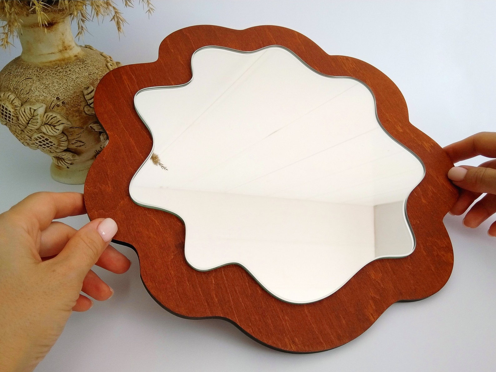 Round Wavy Mirror Wall Decor Irregular Mirror Wooden Circle - Etsy