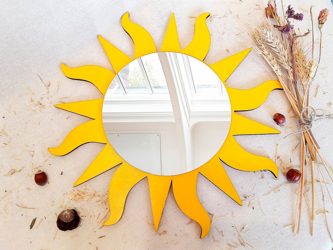 Yellow Sun Boho Mirror, Wooden Sunburst Mirror for Wall, Yellow Boho ...