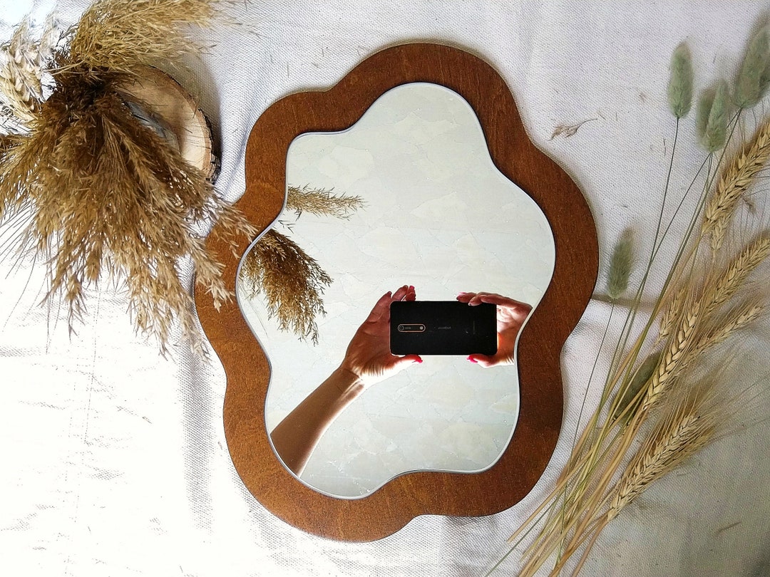 Dark Brown Asymmetrical Mirror Wall Decor, Oval Wavy Mirror, Rustic ...
