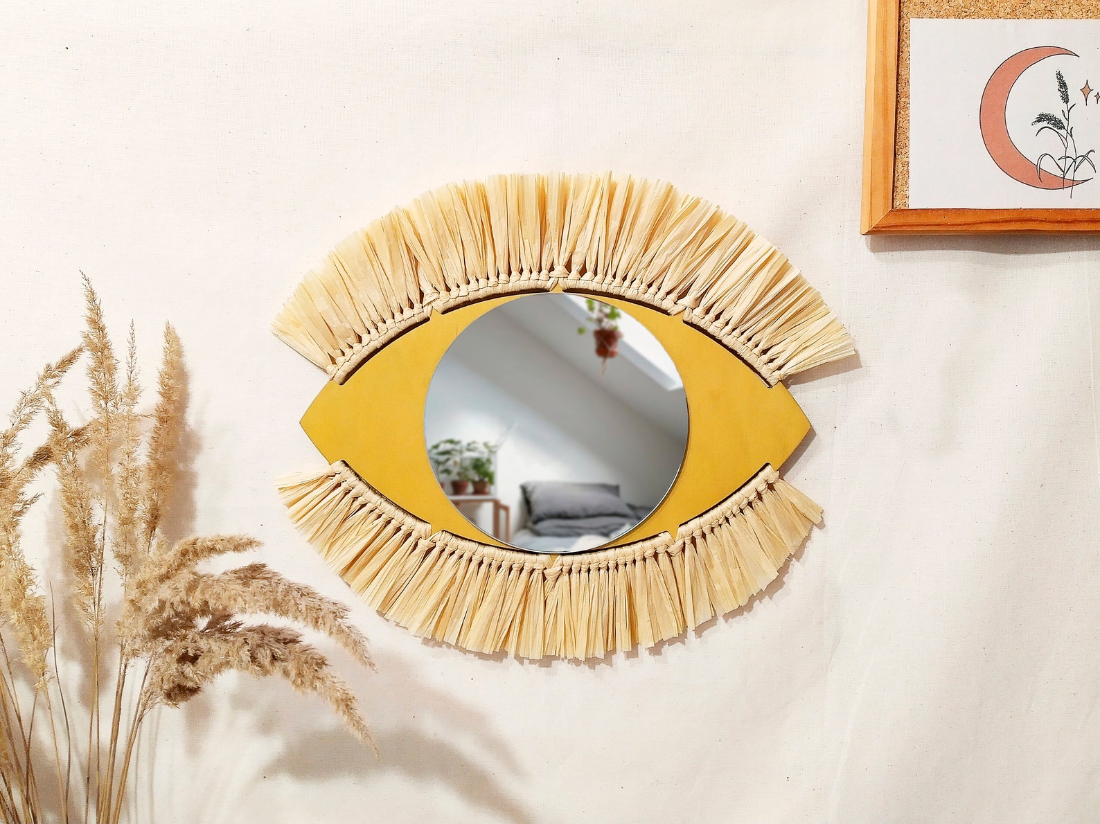 Boho Eye Mirror With Raffia Evil Eye Wall Mirror All Seeing | Etsy