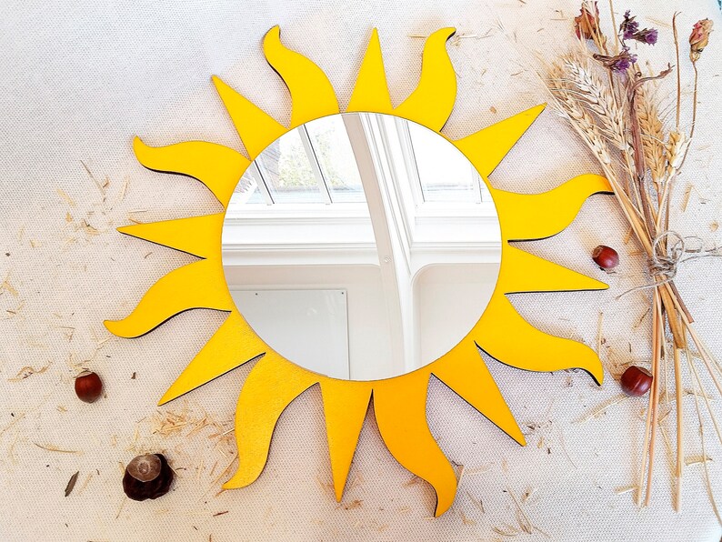 Sun Mirror Wall Decor, Round Wall Mirror, Wooden Decorative Mirror ...
