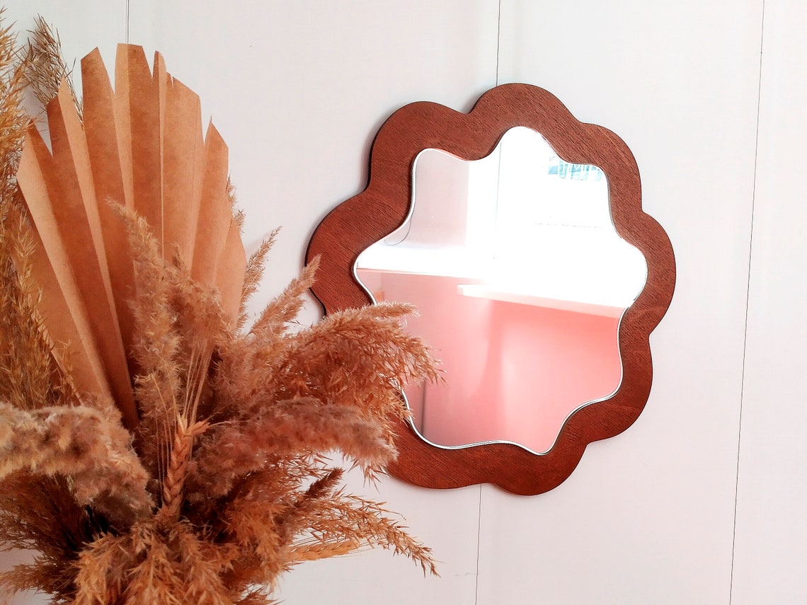 Round wavy mirror wall decor Irregular mirror Wooden circle | Etsy