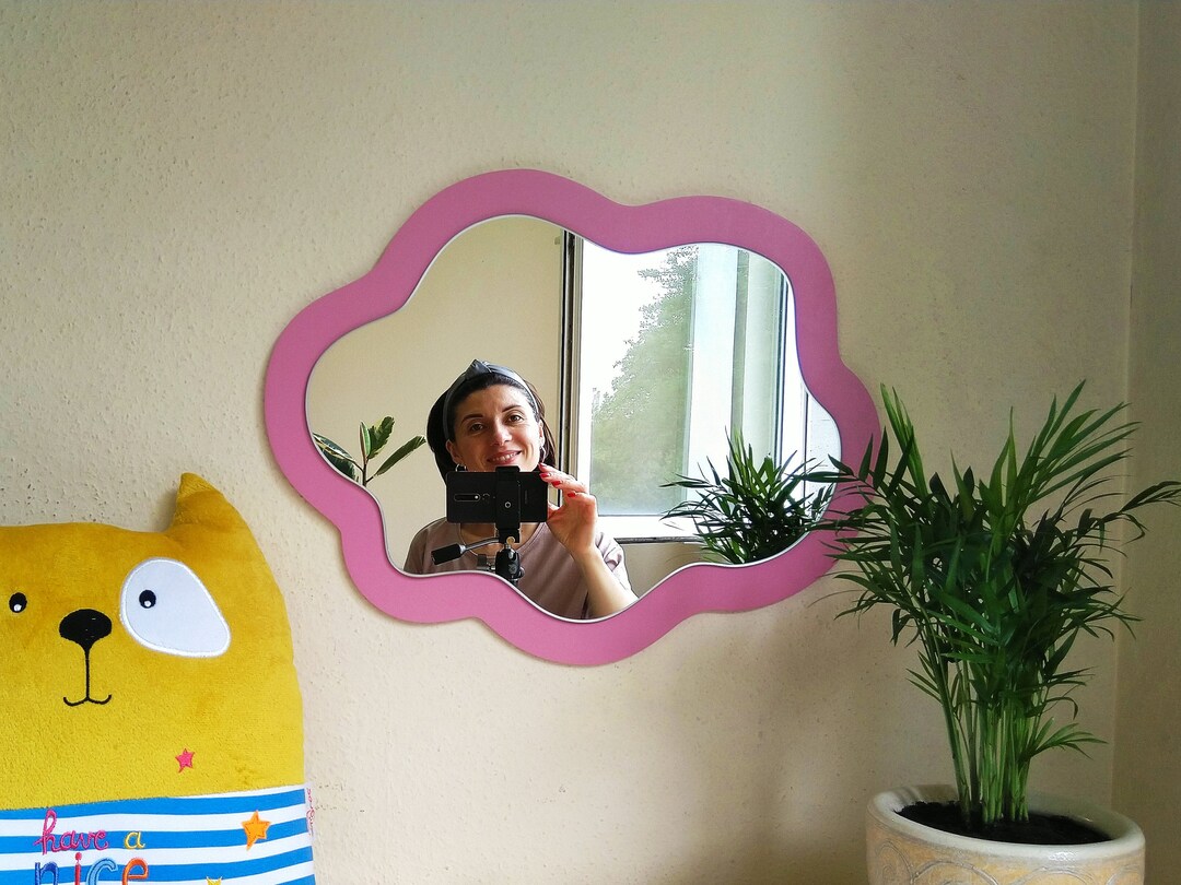 Decorative Nursery Mirror Cloud Shape, Pink Wavy Mirror, Asymmetrical ...