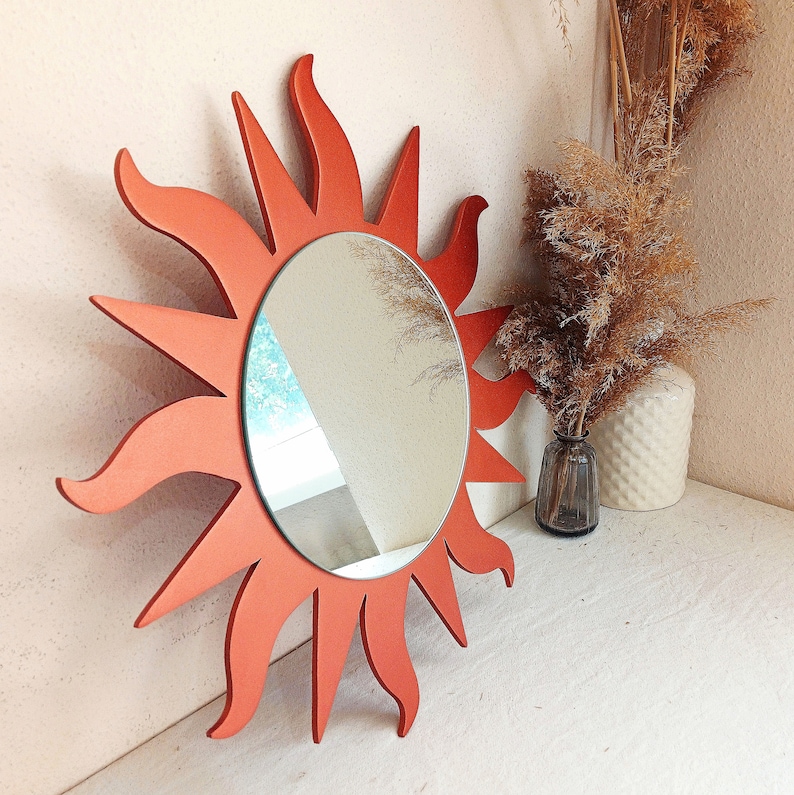 Wavy Sunburst Mirror in a Copper Colored Wooden Frame, Sun Mirror Wall ...