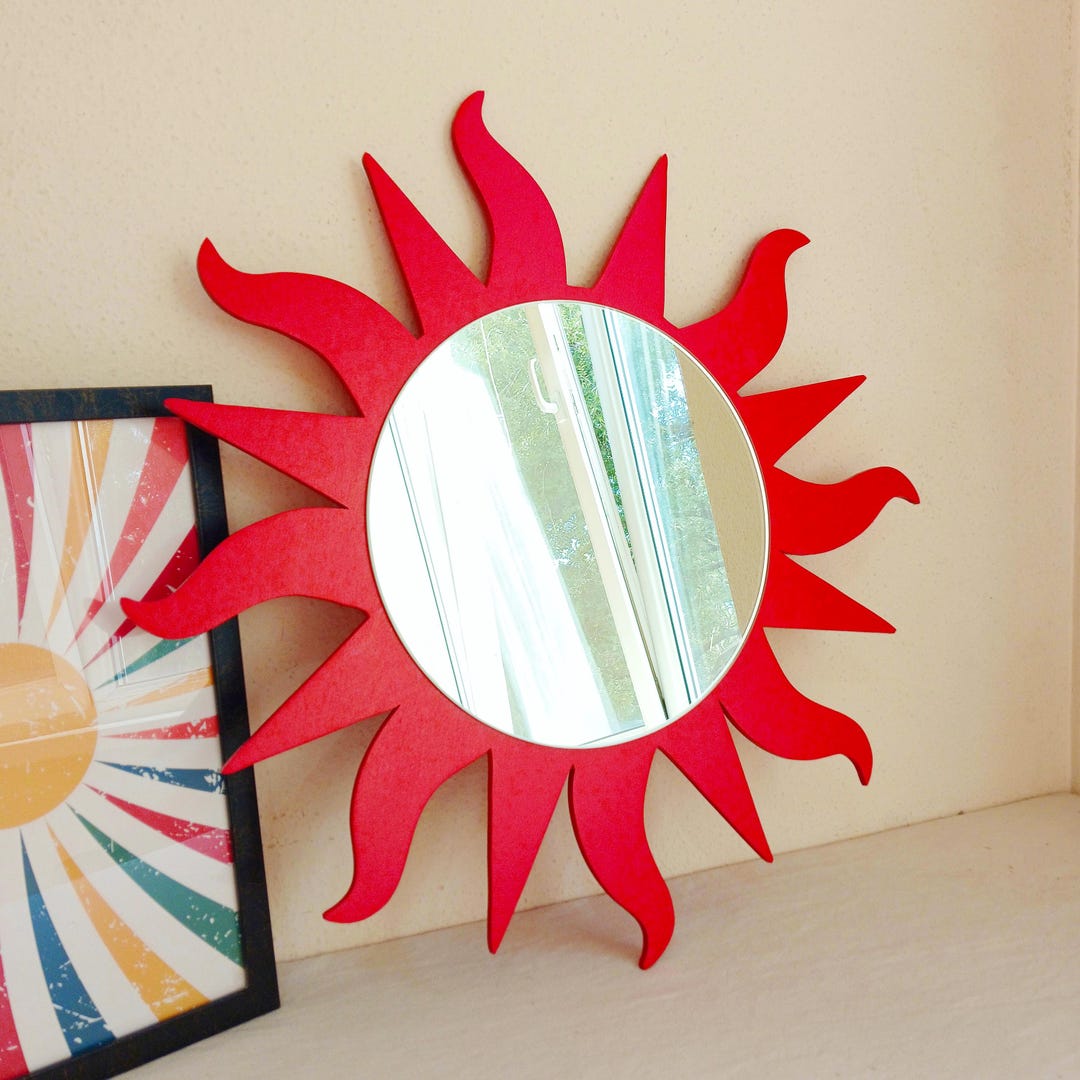 Bold Red Sunburst Mirror, Wavy Celestial Wood Framed Glass, Boho ...