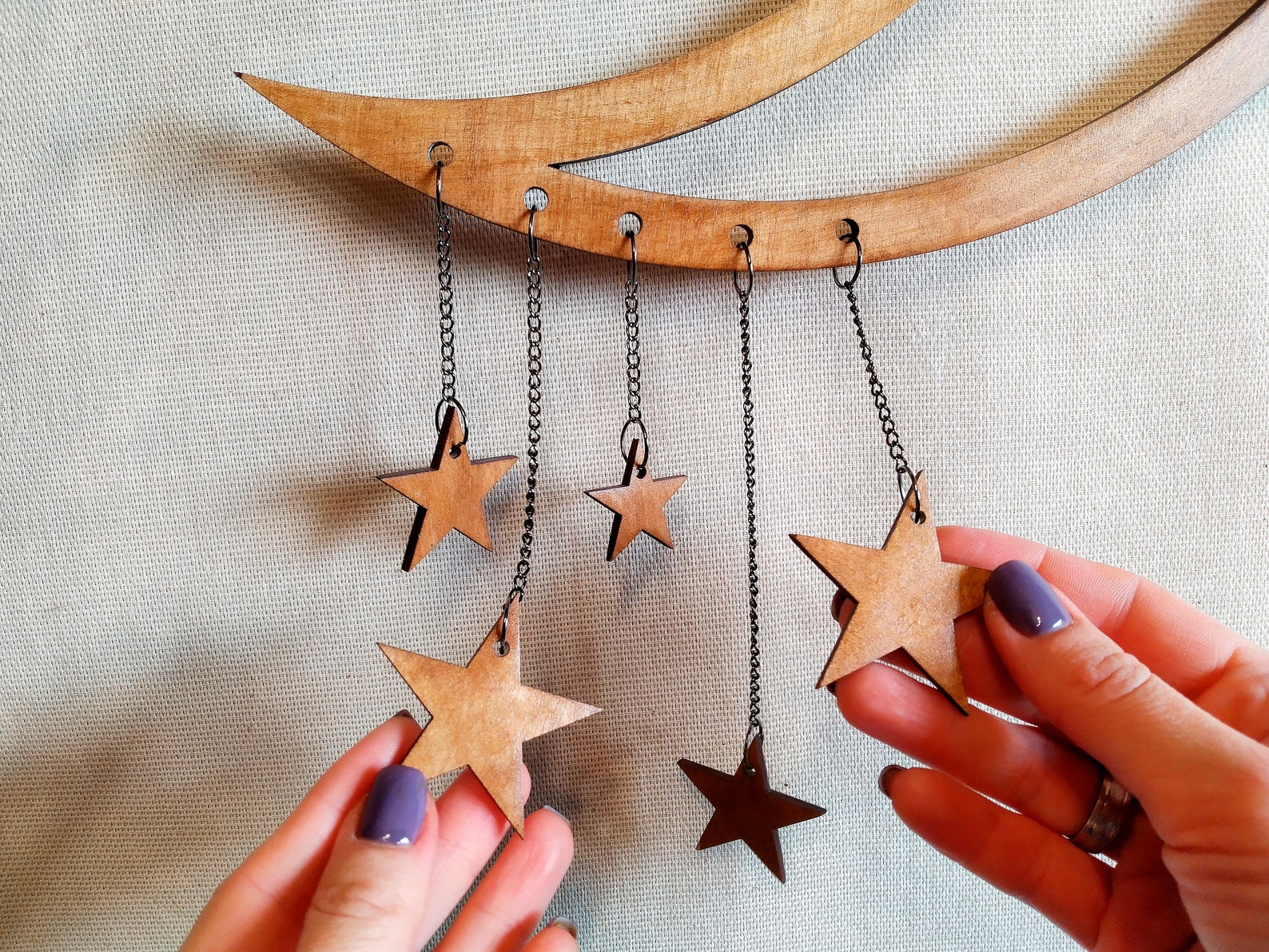 Wooden Moon Dream Catcher, Stars and Moon Ornaments, Moon Mobile Wall ...