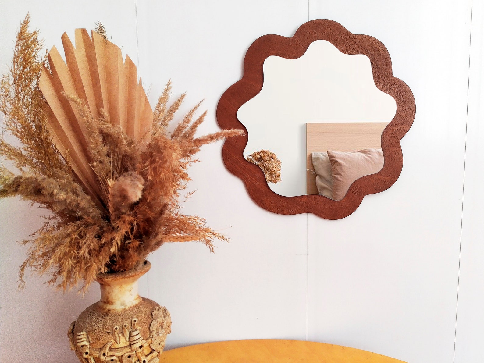 Round Wavy Mirror Wall Decor, Irregular Mirror, Wooden Circle Squiggle ...