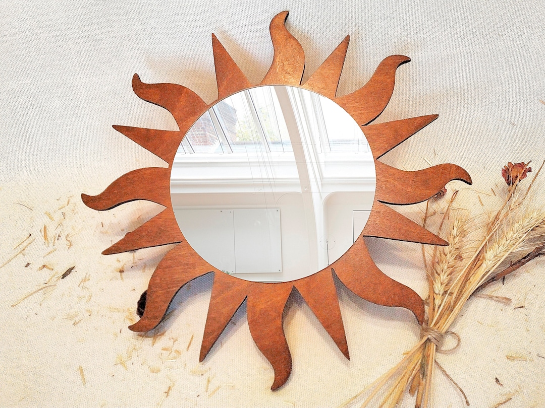 Sun Mirror Wall Decor, Round Wall Mirror, Wooden Decorative Mirror ...