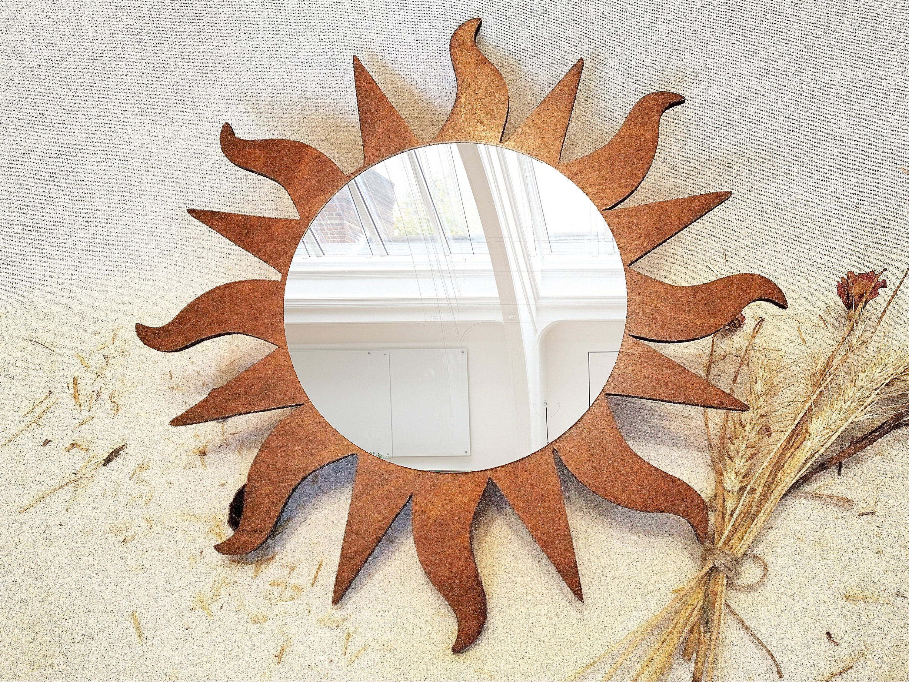Sun Mirror Wall Decor, Round Wall Mirror, Wooden Decorative Mirror ...