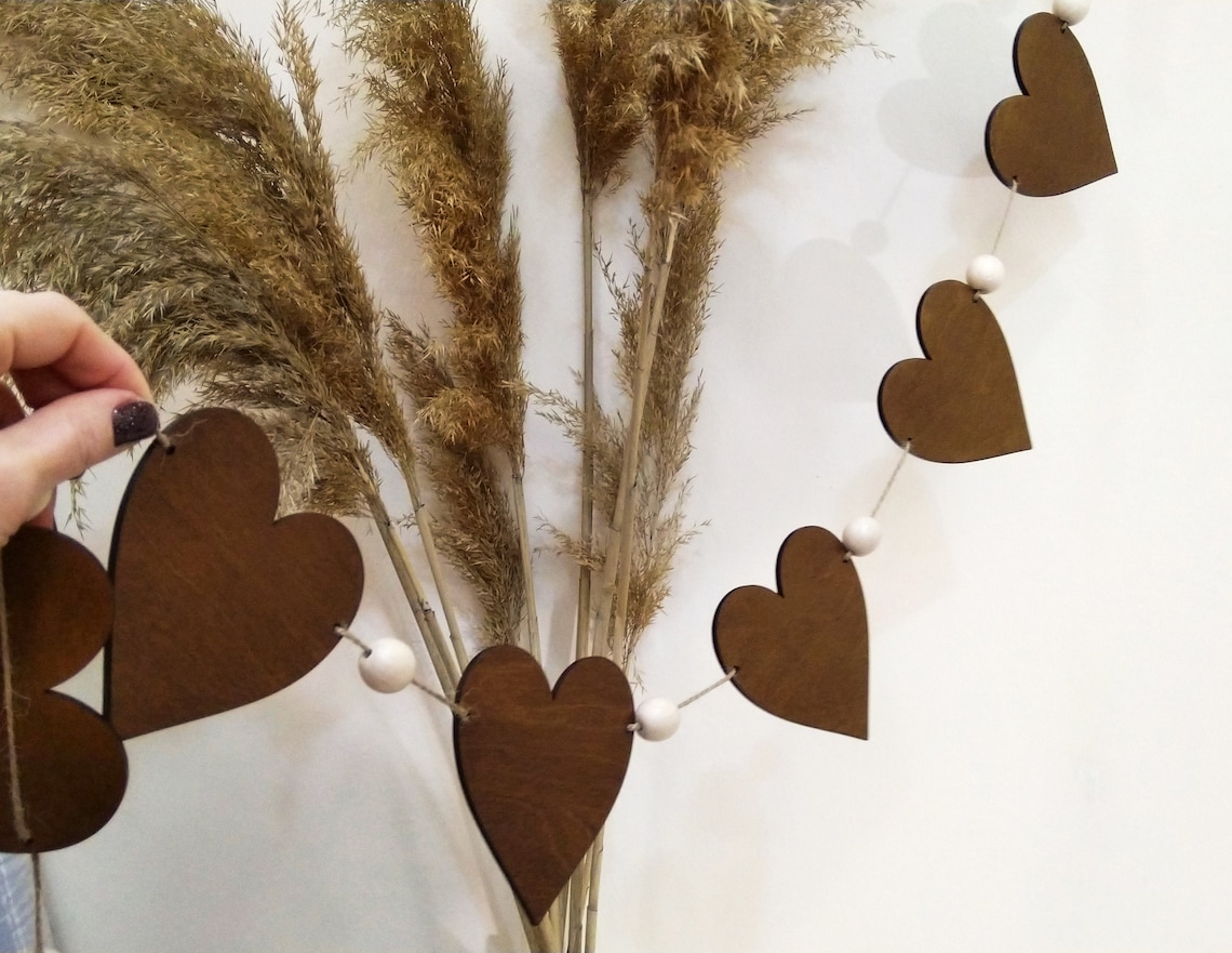 Wooden Heart Garland Boho Wall Decor Wood Heart Rustic - Etsy