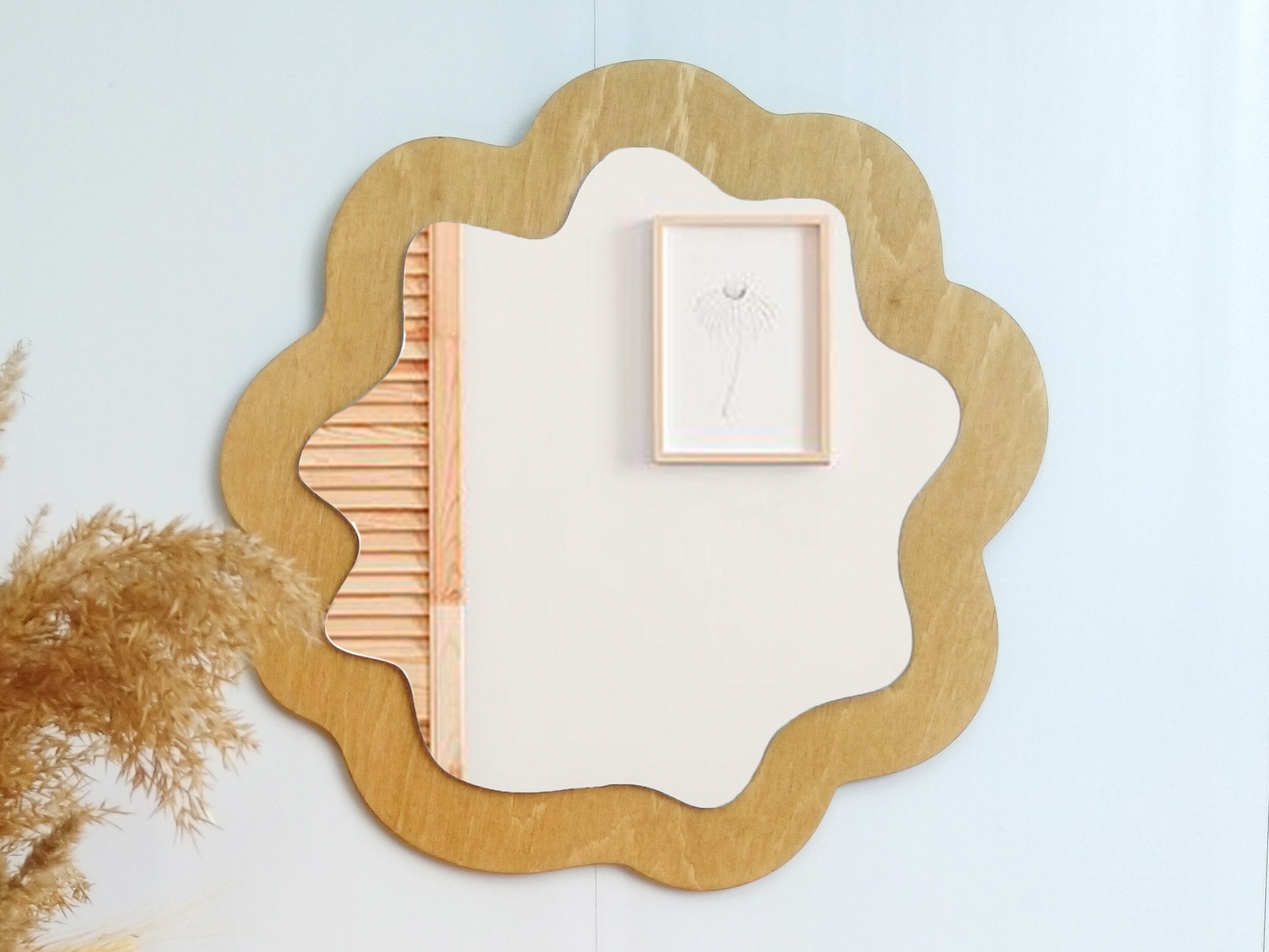 Round wavy mirror wall decor Irregular mirror Wooden circle | Etsy