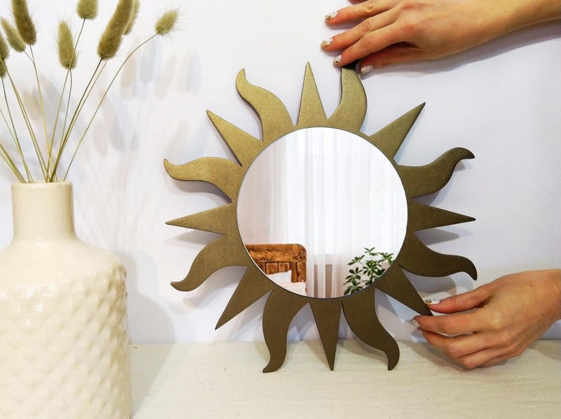 Wavy Sunburst Mirror in a Copper Colored Wooden Frame, Sun Mirror Wall ...