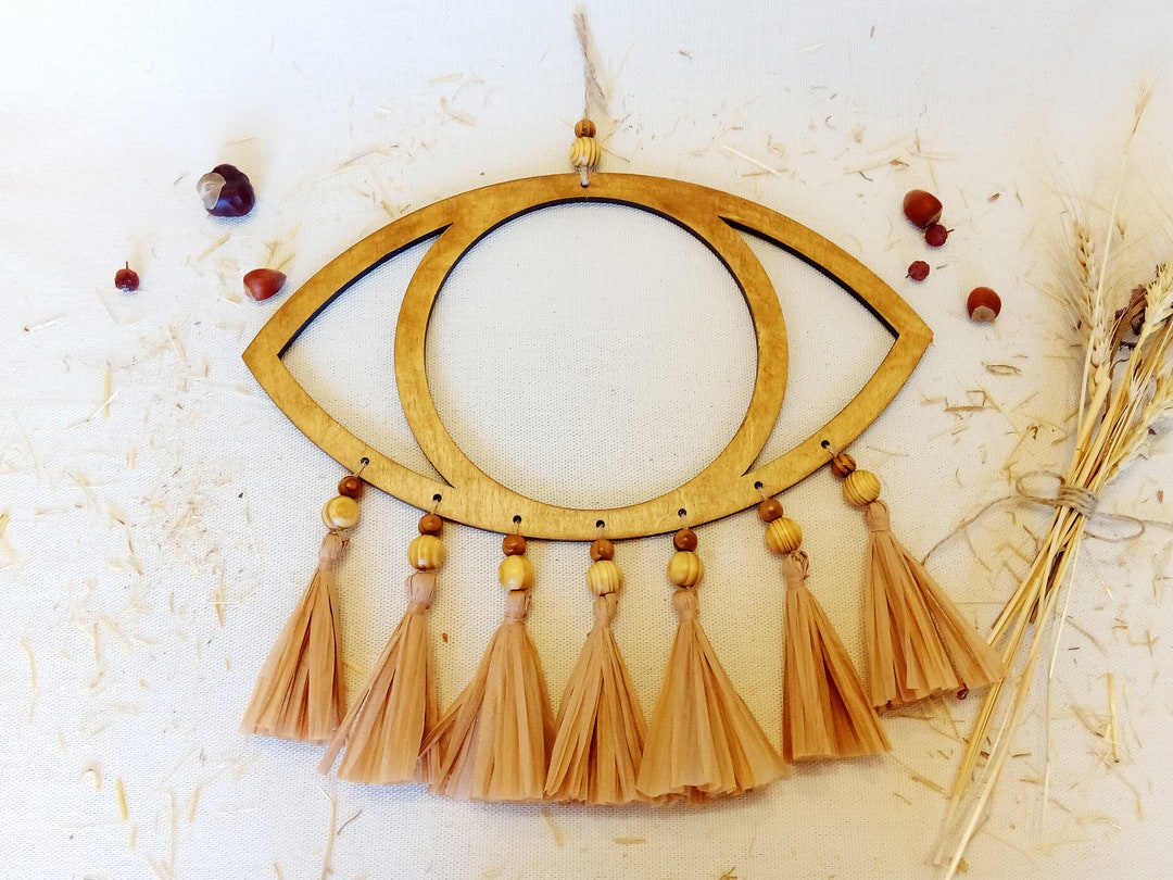 Evil Eye Wall Decor With Raffia, Third Eye Wall Decor, Brown Boho Eye ...