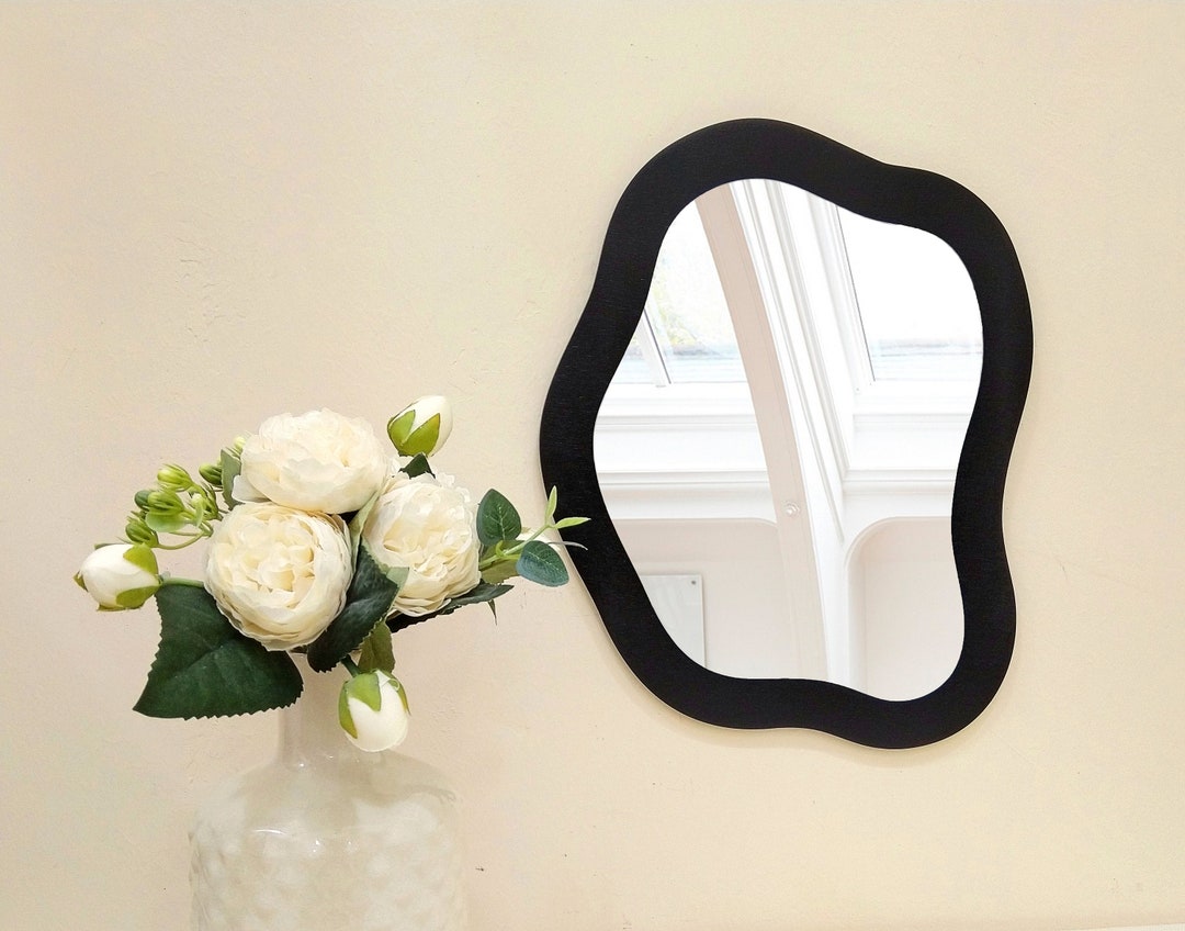 Small Wall Mirror 13,8" Wavy Shape Black, Rectangular Wavy Mirror ...
