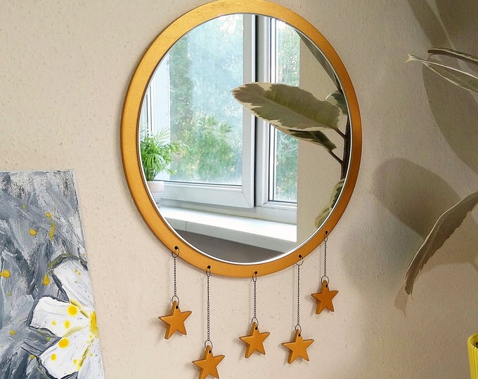 Golden Decorative Hanging Mirror With Stars, Small Wall Round Mirror ...