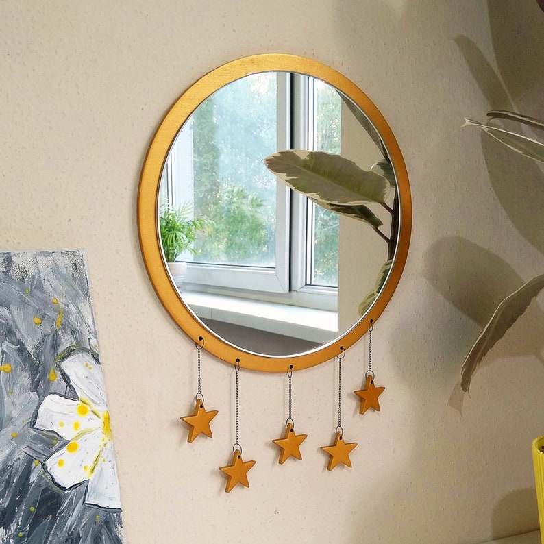 Golden Decorative Hanging Mirror With Stars, Small Wall Round Mirror ...