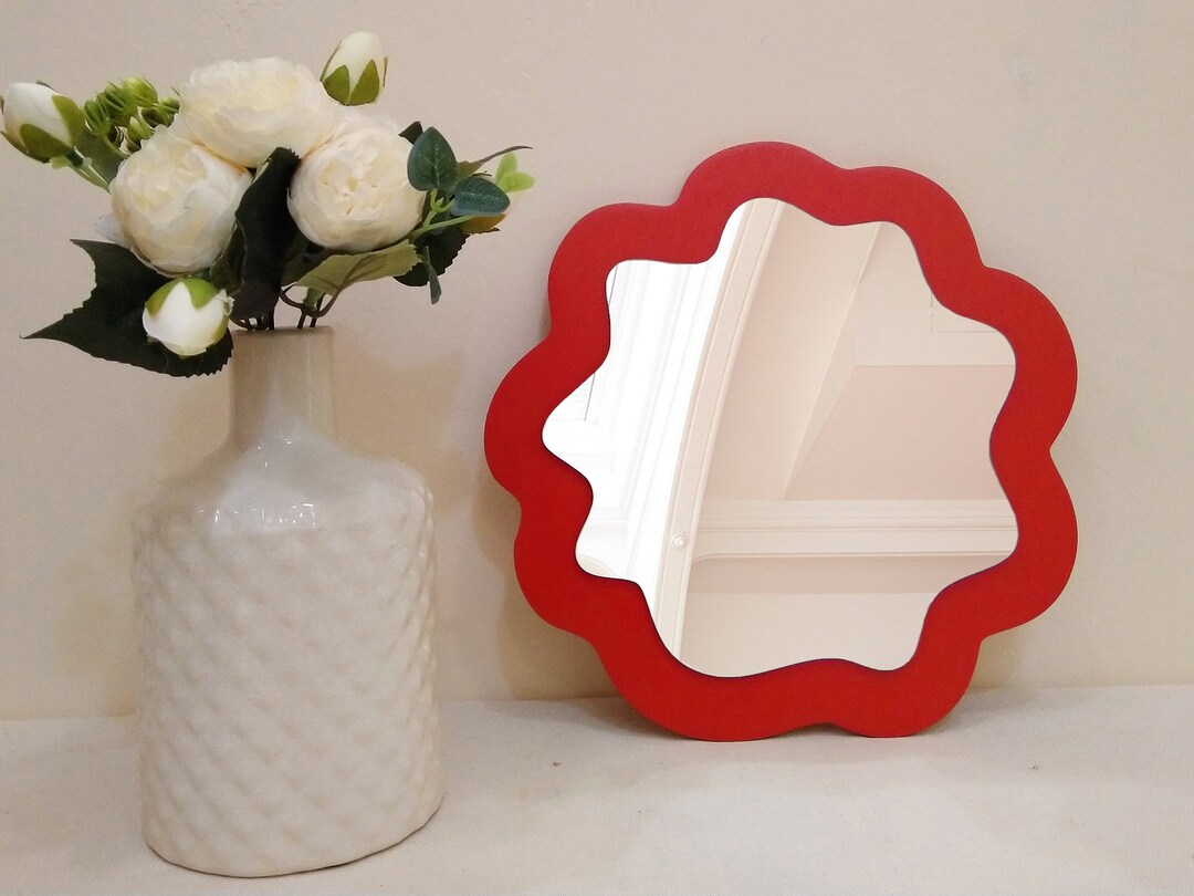 Red Small Squiggle Mirror Wall Decor, Round Wavy Funky Mirror, Flower ...