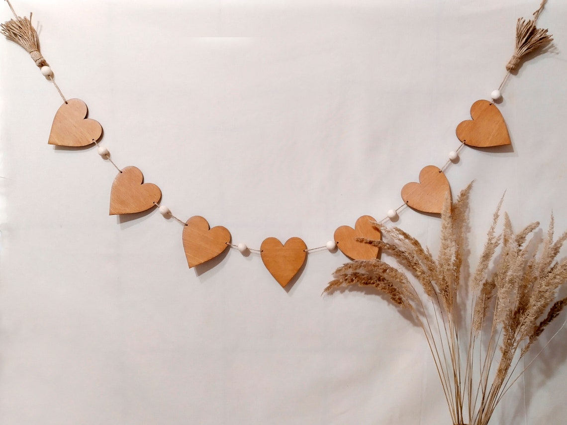 Wooden Heart Garland Boho Wall Decor Wood Heart Rustic - Etsy