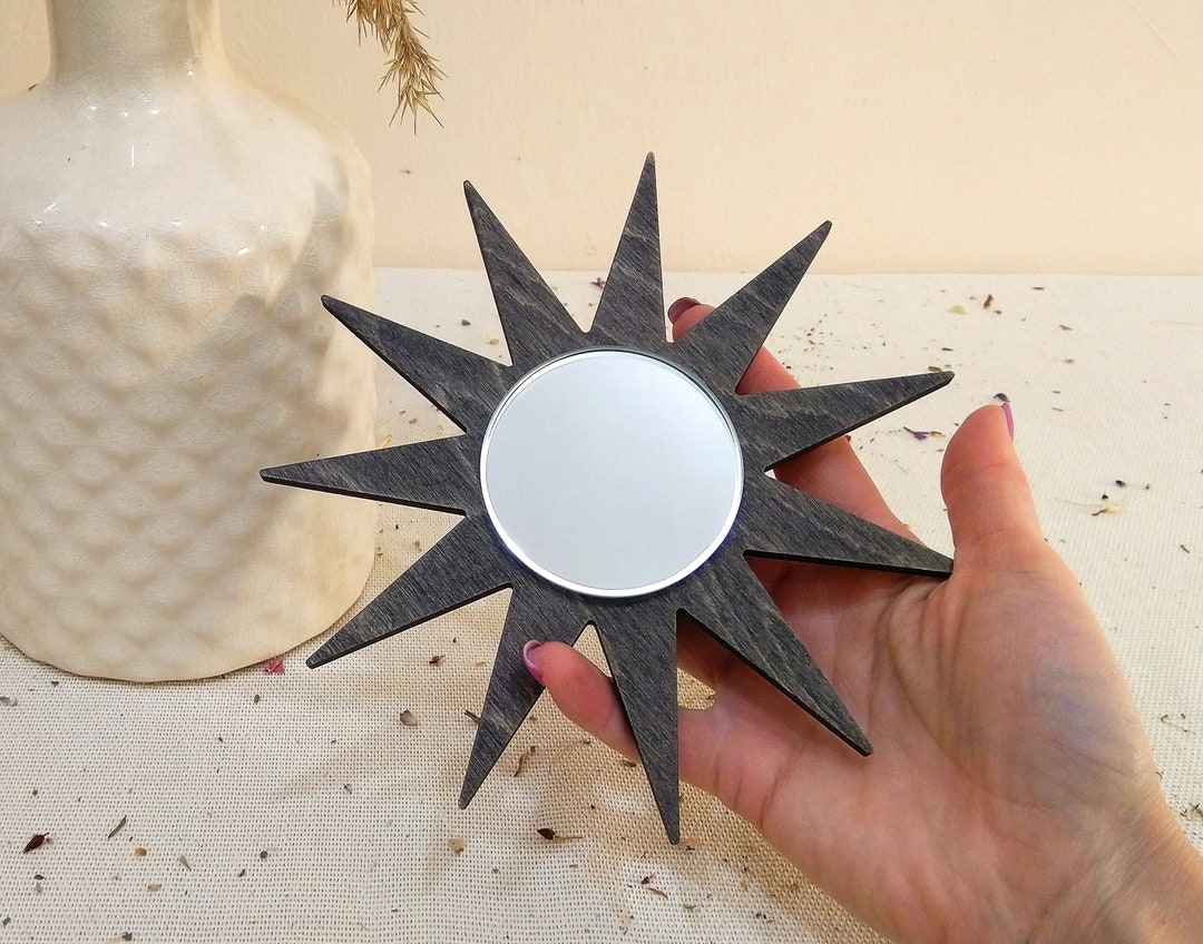 Small Wall Mirror Grey, Little Mirror, Cute Sun Mirror, Wooden ...