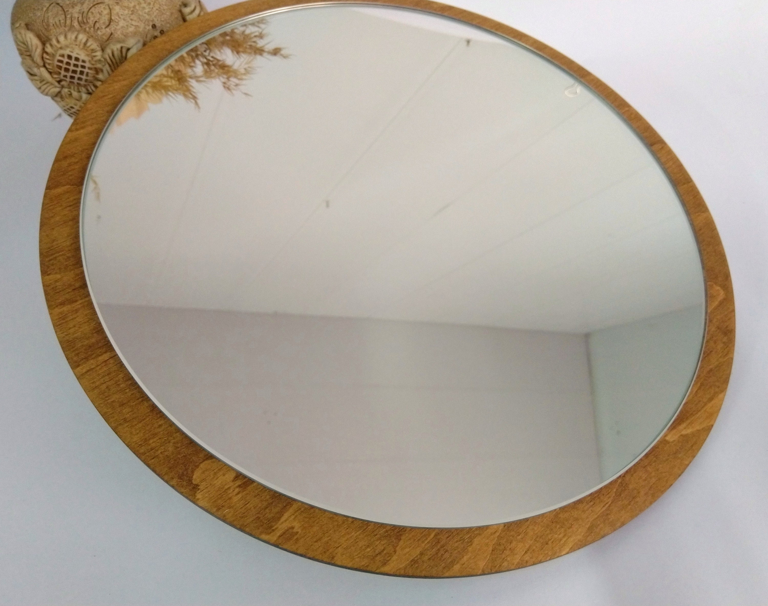 Circle Mirror Wall Decor, Small Brown Round Mirror, Makeup Wood Frame ...