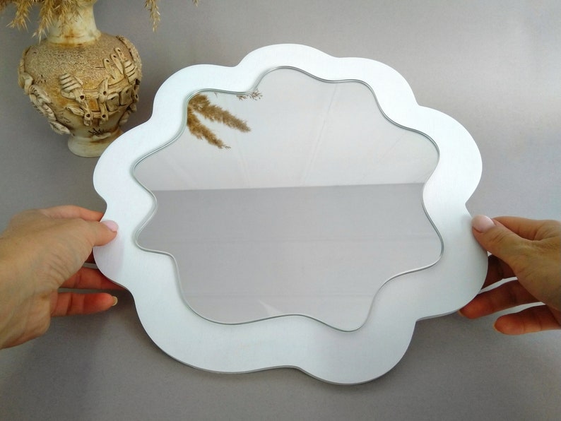 Snow White Round Wavy Mirror for Wall, Asymmetrical Circle Vanity ...