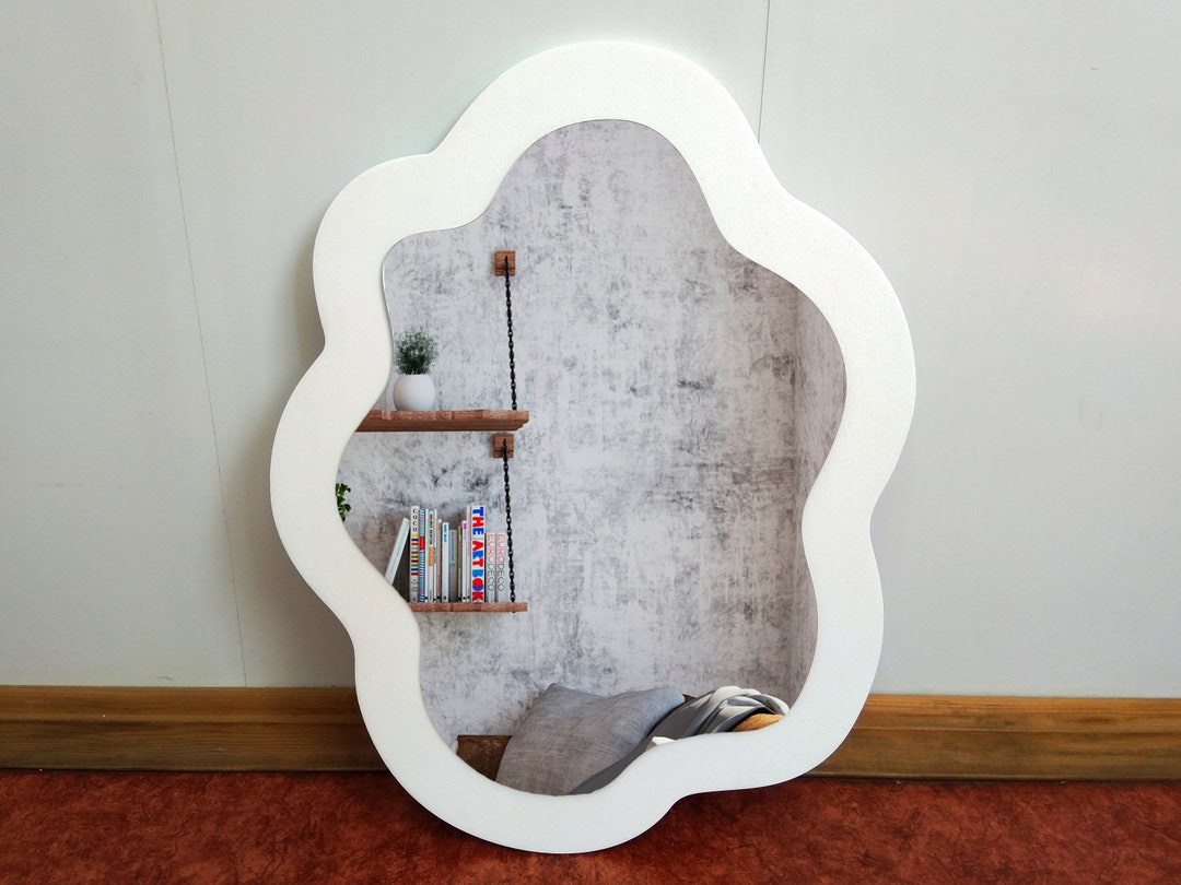 Snow White Oval Wavy Mirror for Wall, Asymmetrical Vanity Mirror, White ...