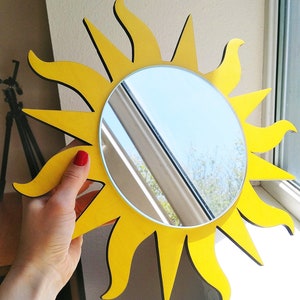 Dark Brown Sun Wooden Decorative Mirror, Sun With Wavy Rays Mirror Wall ...