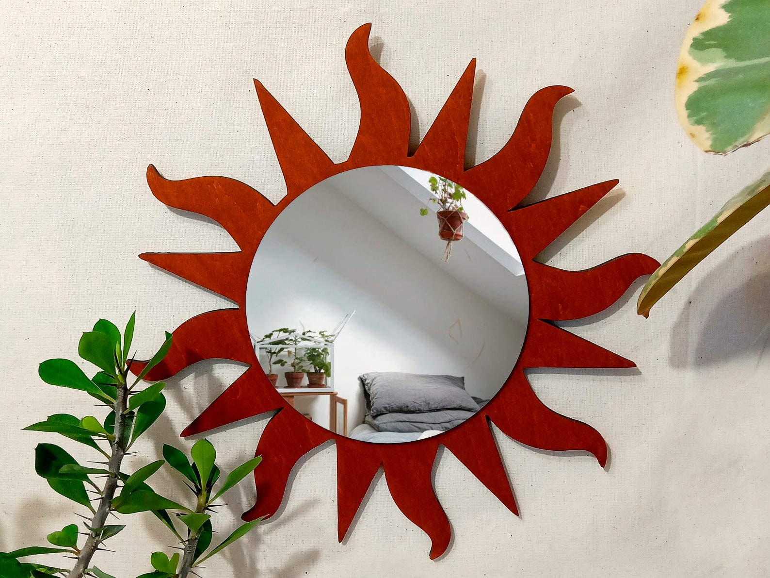 Sun Mirror Wall Decor, Round Wall Mirror, Wooden Decorative Mirror ...