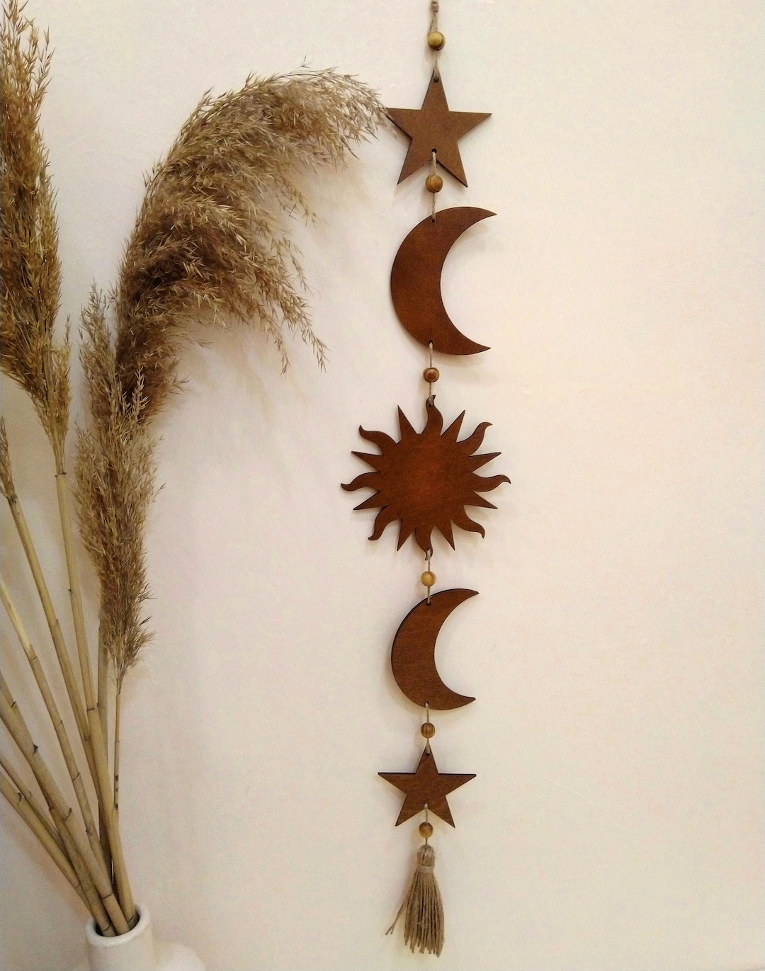 Celestial Decor Sun Moon Stars Garland Dark Brown, Celestial Room Decor ...