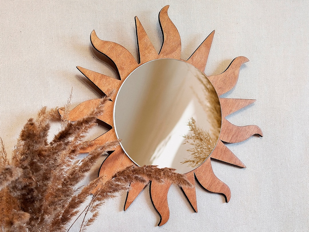 Brown Sun Wall Mirror, Wooden Sun With Small Round Mirror, Sun Boho ...