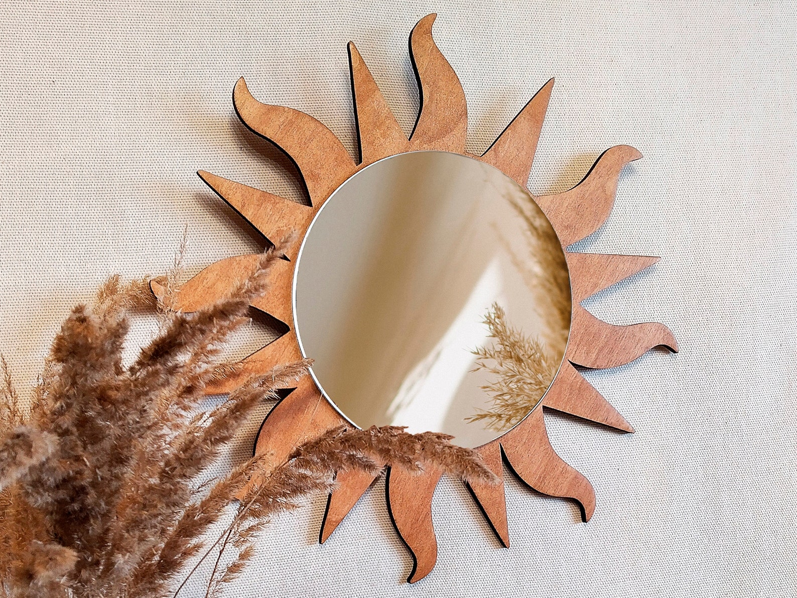 Brown Sun Wall Mirror, Wooden Sun With Small Round Mirror, Sun Boho ...