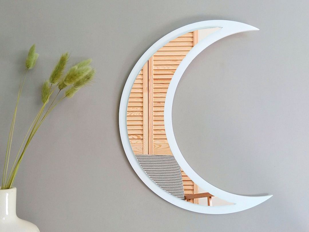 White Crescent Moon Mirror Wall Decor, Half Wooden Moon Wall Hanging ...