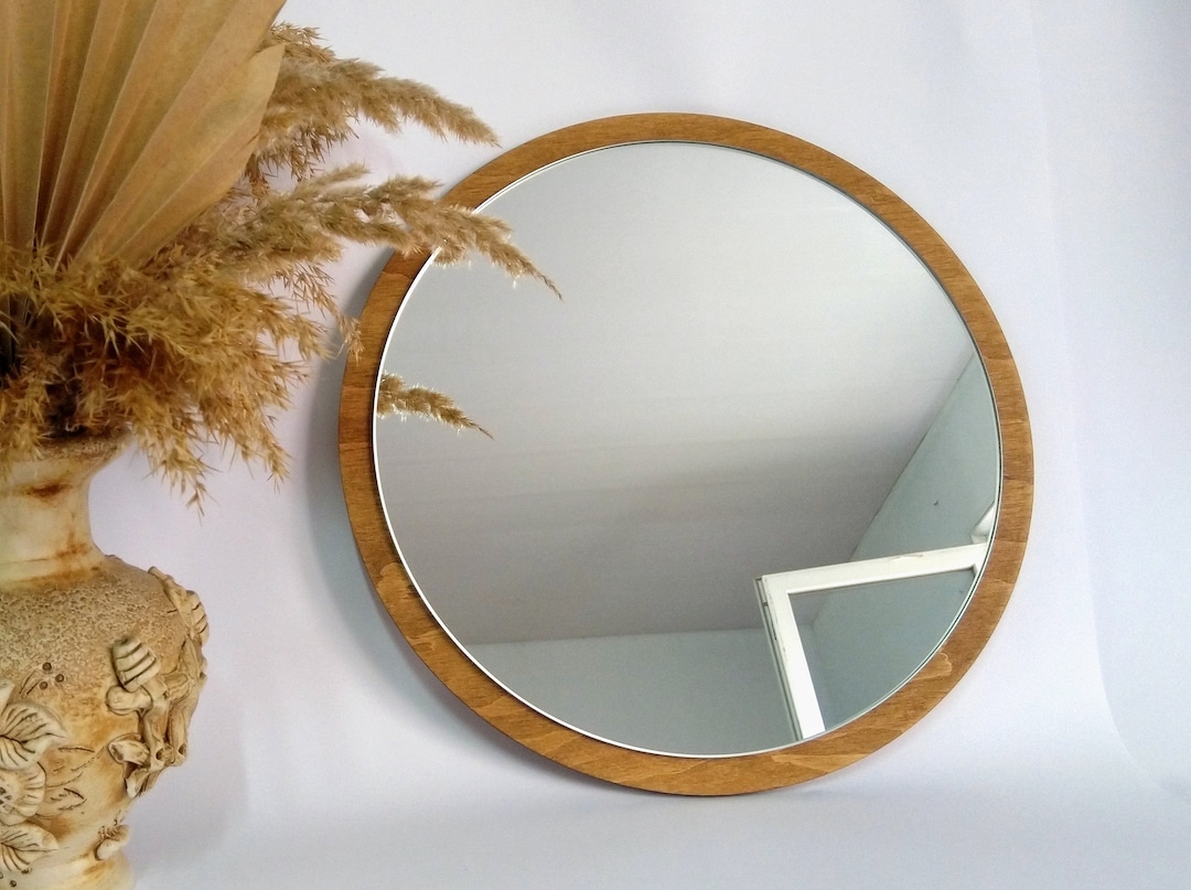 Circle Mirror Wall Decor, Small Brown Round Mirror, Makeup Wood Frame ...