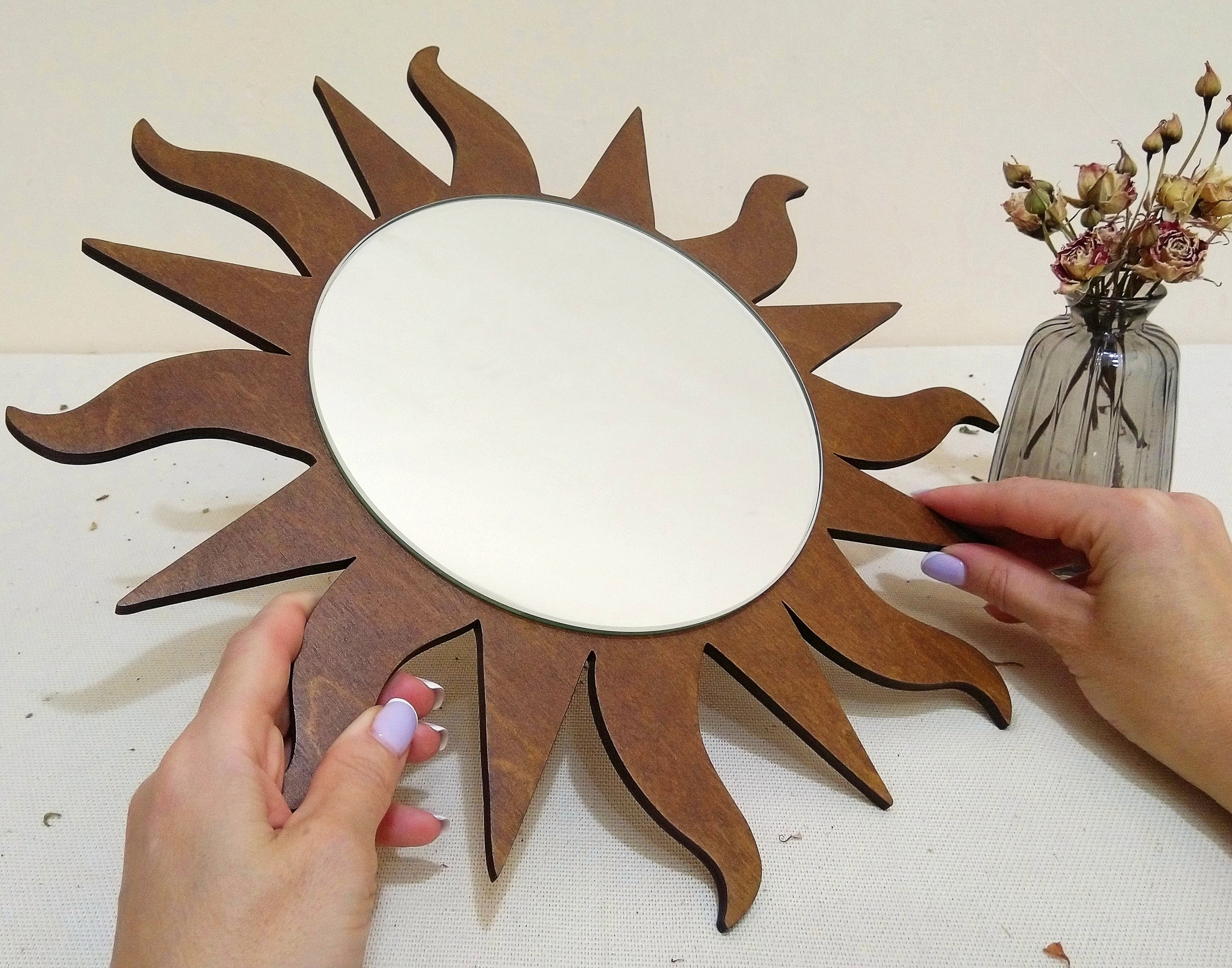 Brown Sun Wall Mirror, Wooden Sun With Small Round Mirror, Sun Boho ...