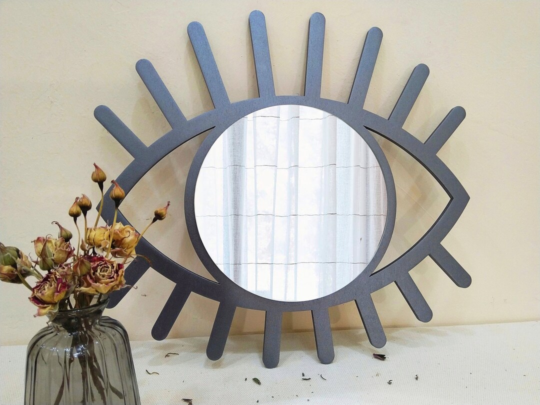 Silver Wooden Evil Eye Mirror, Eye Mirror Wall Decor, Dark Grey Accent ...