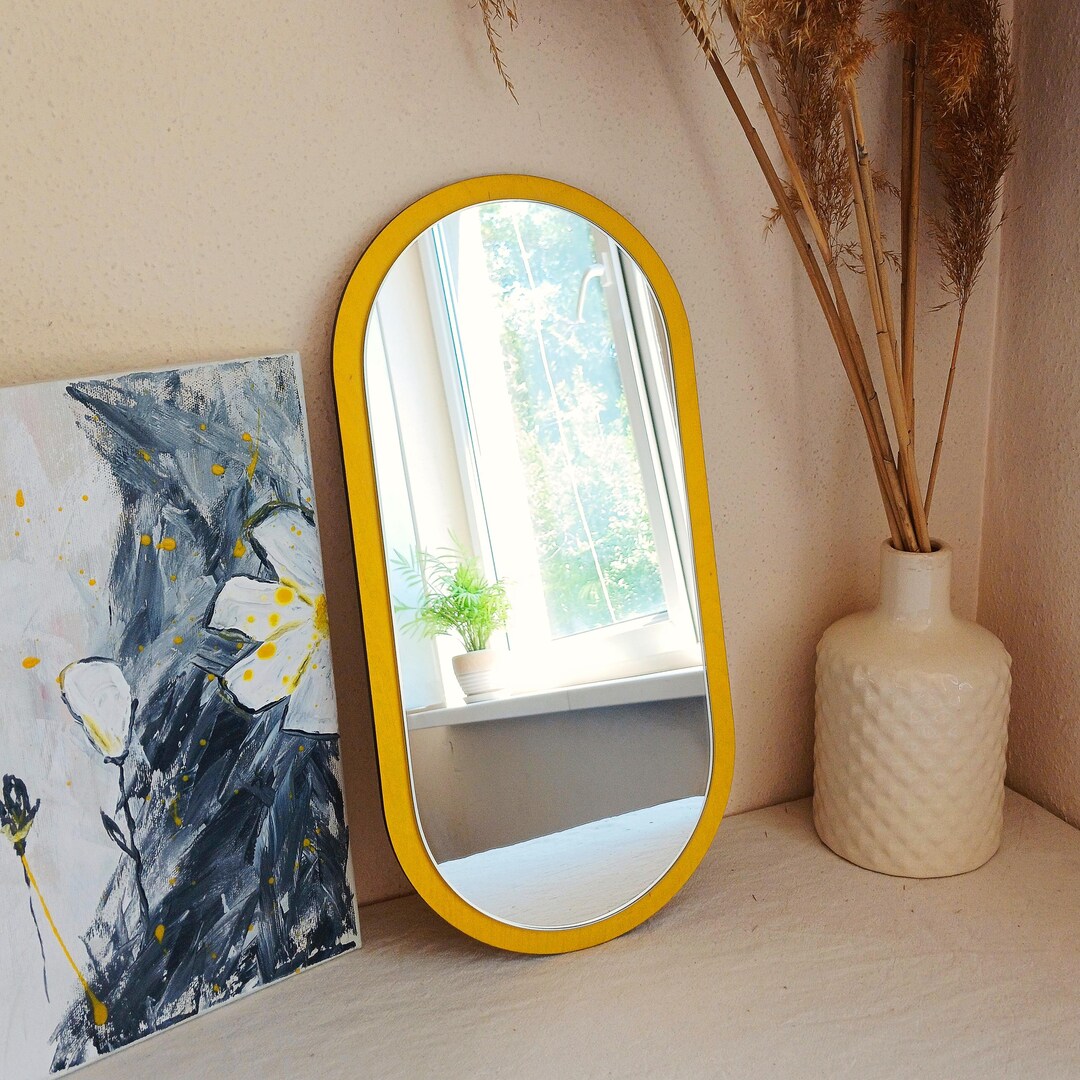 Oval Decorative Mirror, Bright Yellow Mirror, Handmade Wood Frame ...