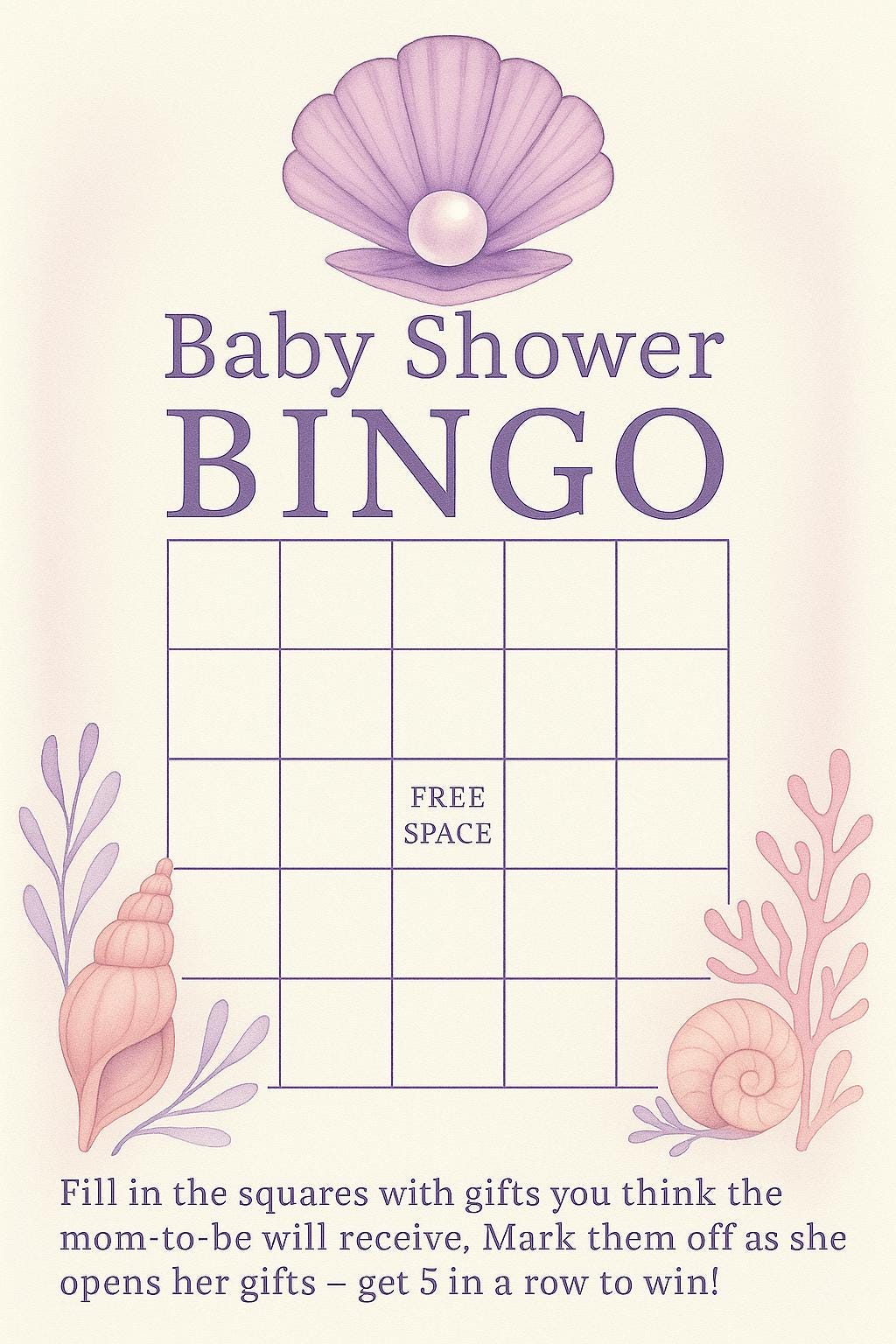 Seashell Baby Shower Bingo Game - Pearl Ocean Theme Printable Girl ...