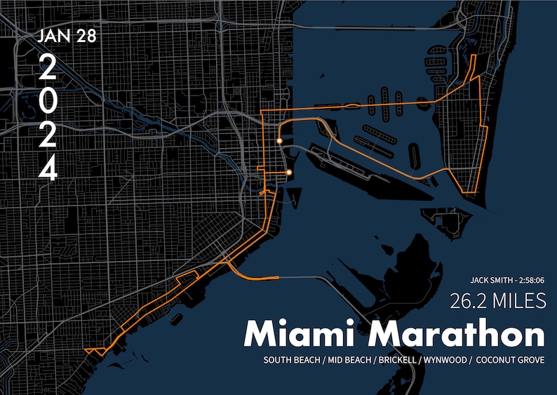 2024 Miami Marathon Road Race Art Print Personalized Race Map Running ...