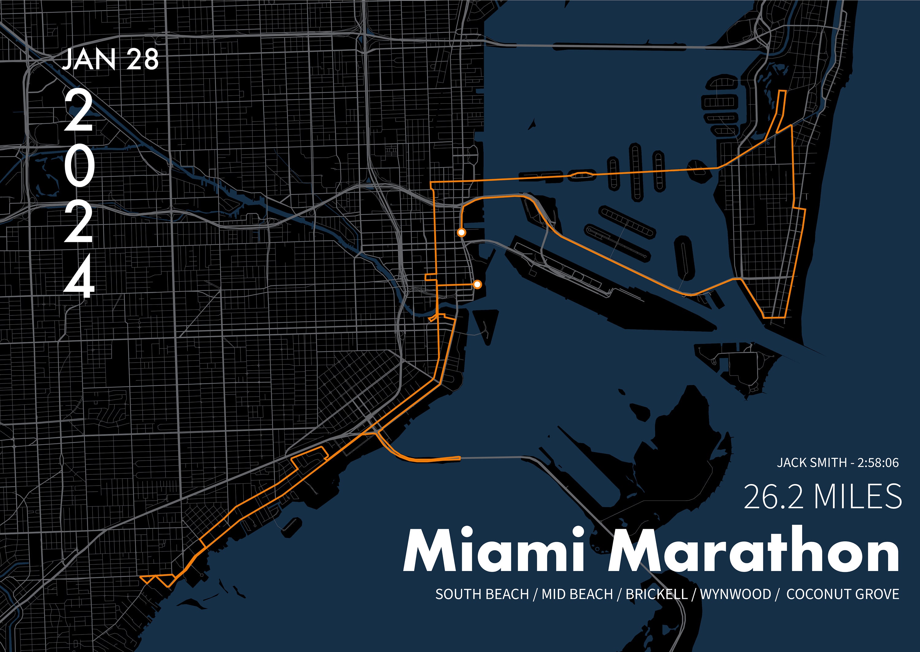 2024 Miami Marathon Road Race Art Print Personalized Race Map Running ...