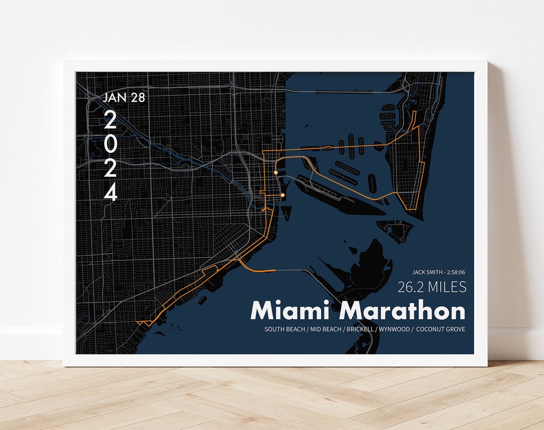 2024 Miami Marathon Road Race Art Print Personalized Race Map Running ...