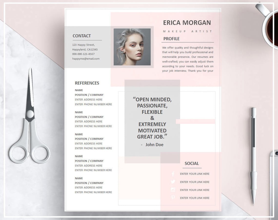 Pink Resume Template/ Pink CV Template/ Creative Resume Template Design ...