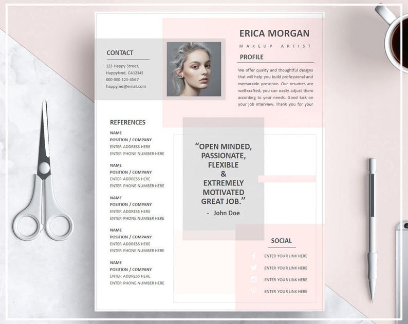 Pink Resume Template/ Pink CV Template/ Creative Resume Template Design ...