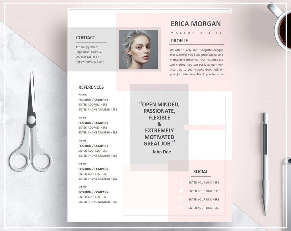 Pink Resume Template/ Pink CV Template/ Creative Resume Template Design ...