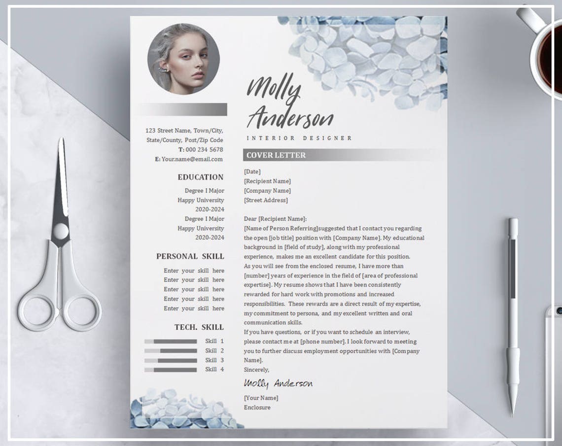 Blue Floral Resume Template/ Floral CV Template/ Blue Hydrangea Flower ...