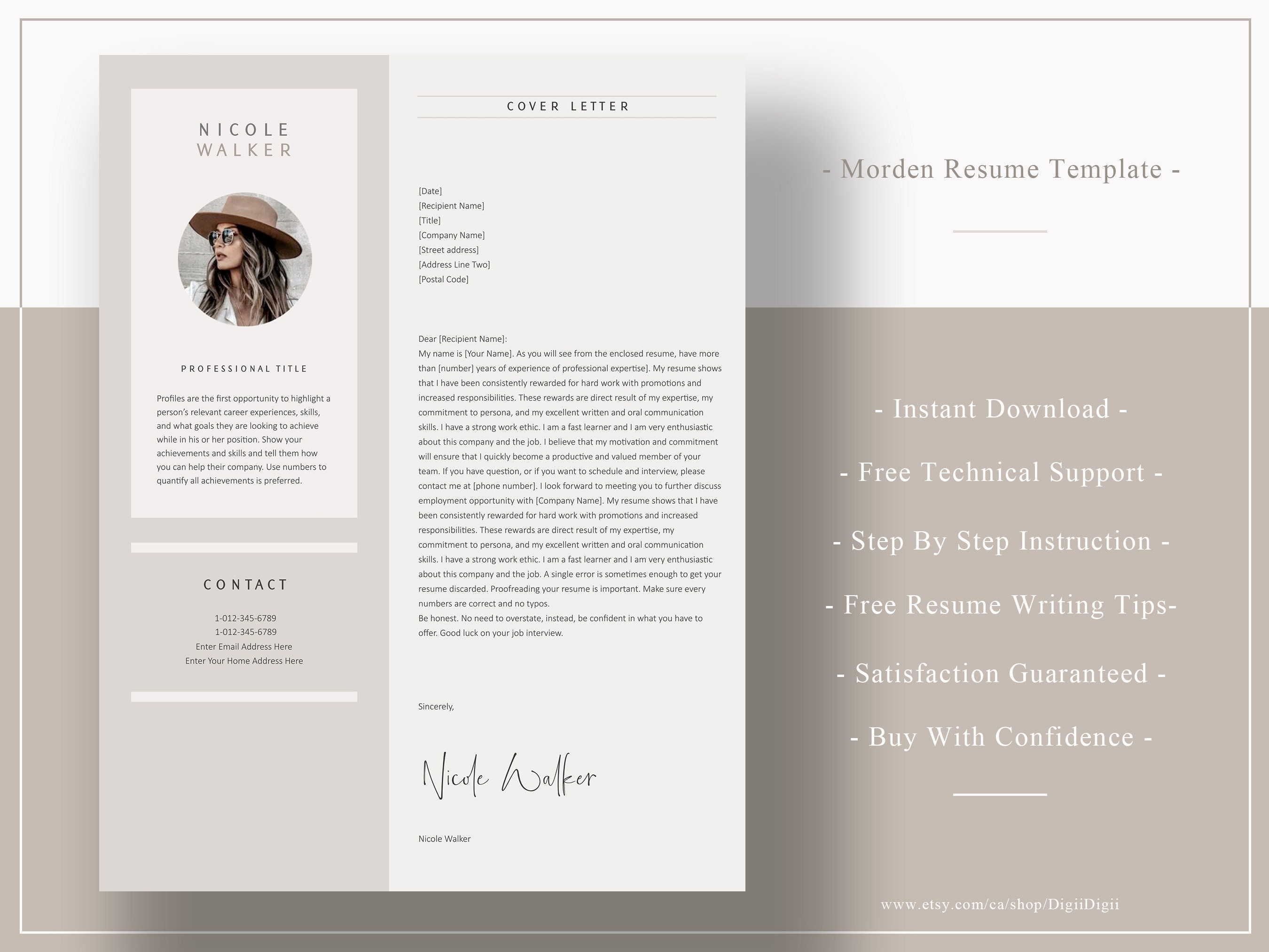 Professional Resume Template/ Modern Beige Resume Template / Two Page ...