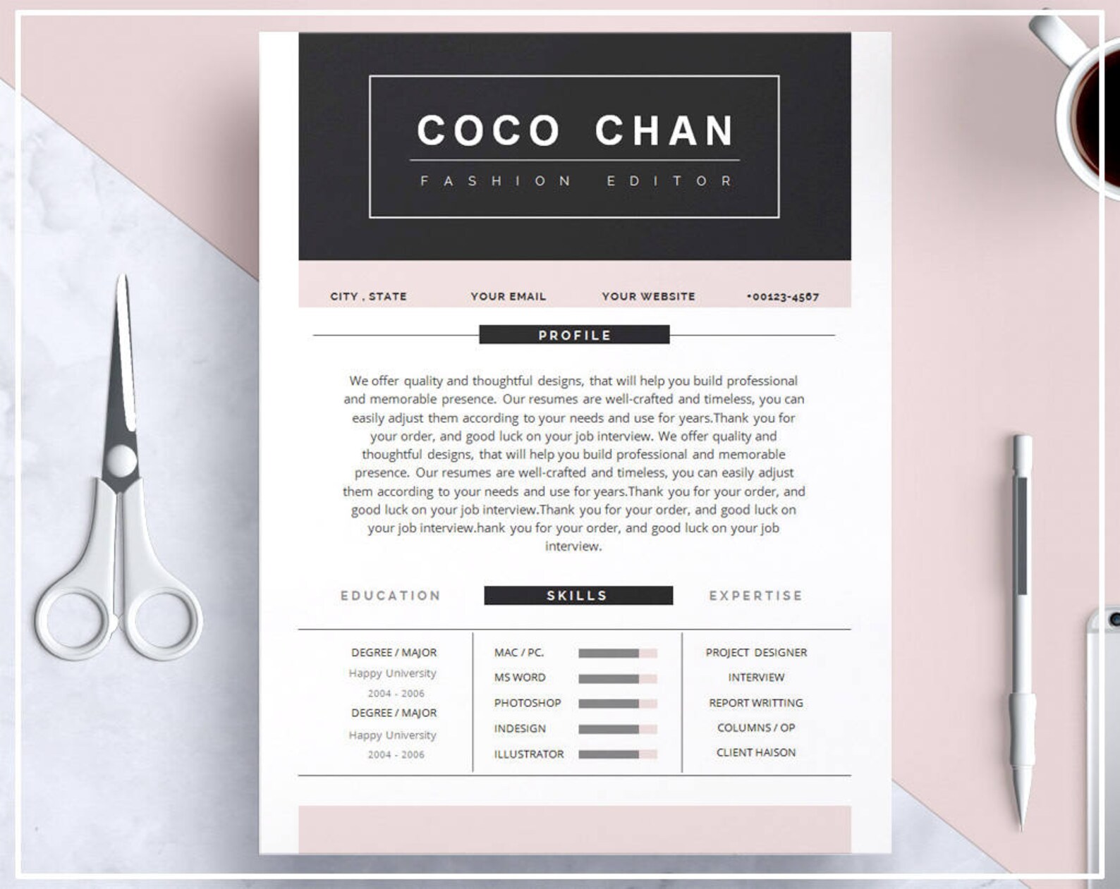 Pink Resume Template/ Pink CV Template/ Creative Resume Template ...