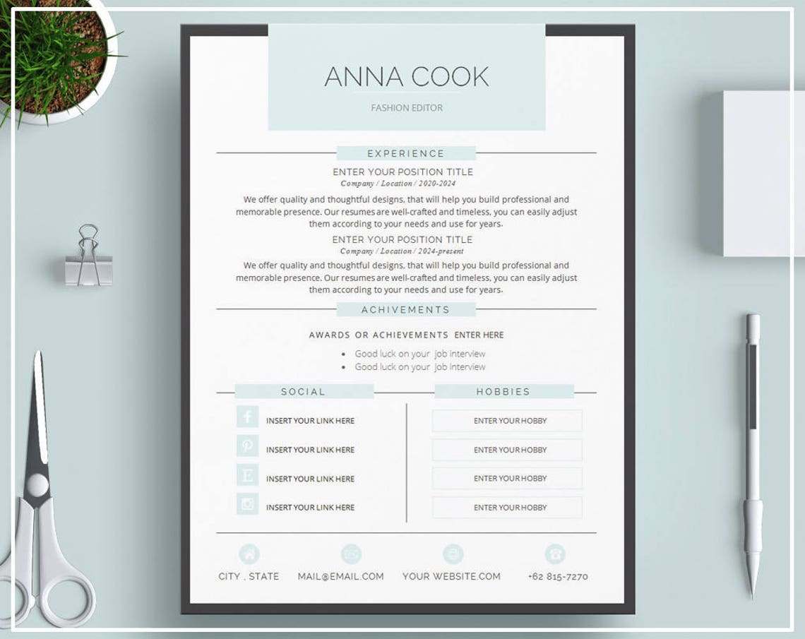 Blue Resume Template/ Blue CV Template/ Creative Resume Template ...