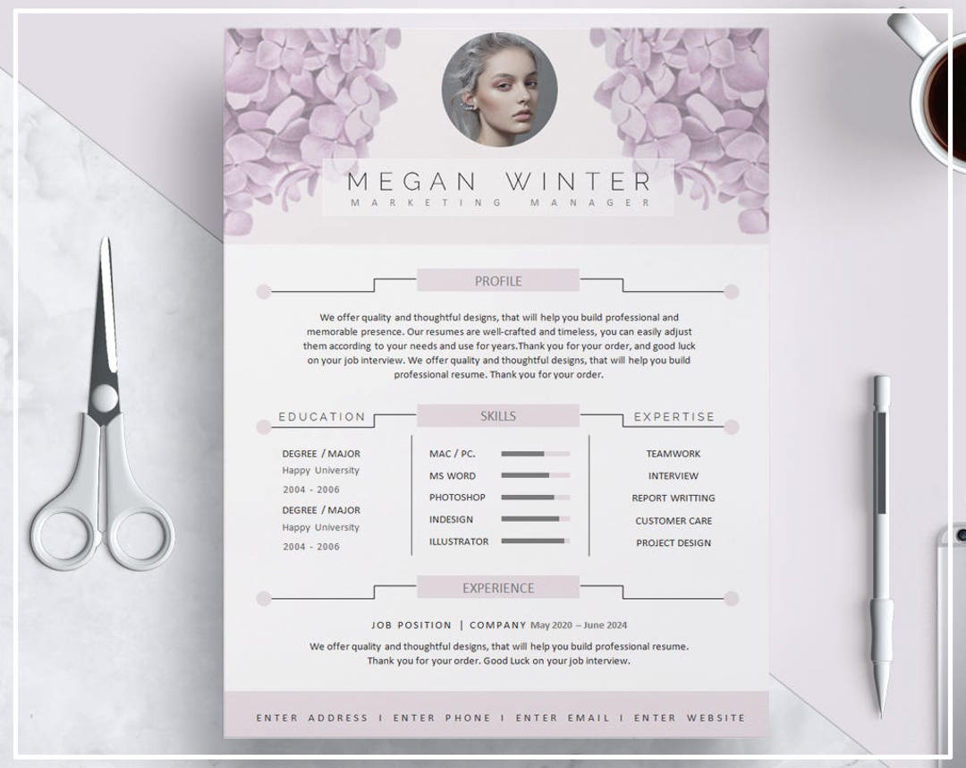 Floral Resume Template/ Flower CV Template/ Purple Hydrangea Flower ...