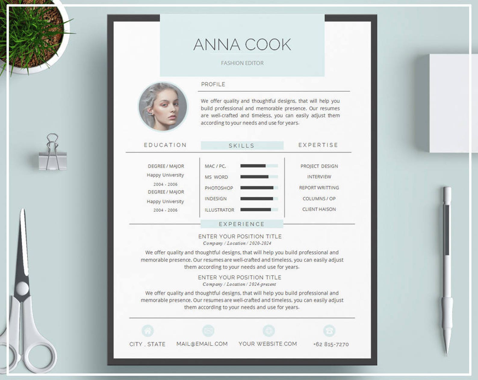 Blue Resume Template/ Blue CV Template/ Creative Resume Template ...